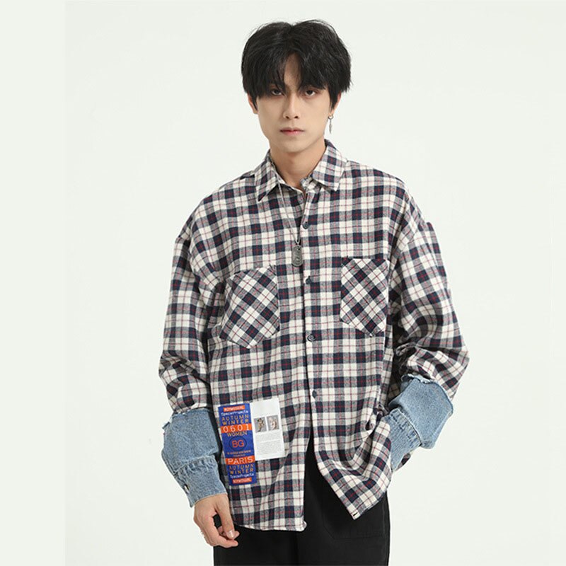 Mannen Denim Splice Lange Mouwen Casual Plaid Shir... – Vicedeal