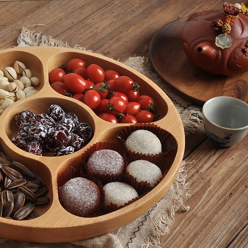 Wooden Fruit Plate Candy Tray Round Shape 5 Compar... – Grandado