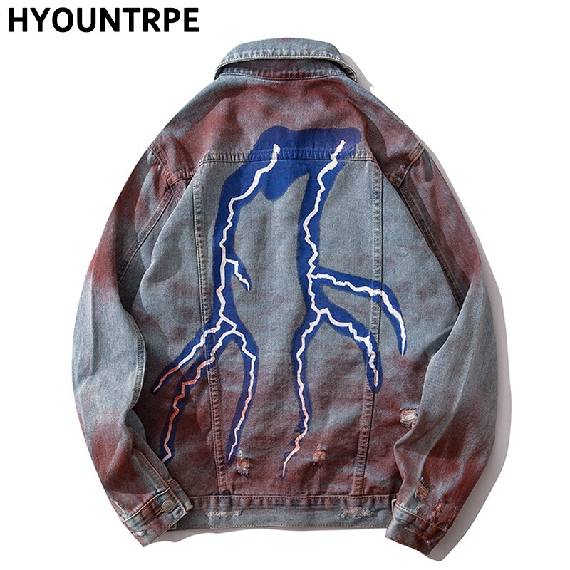 Mens Hip Hop Lightning Denim Jackets Graffiti Ripp... – Grandado