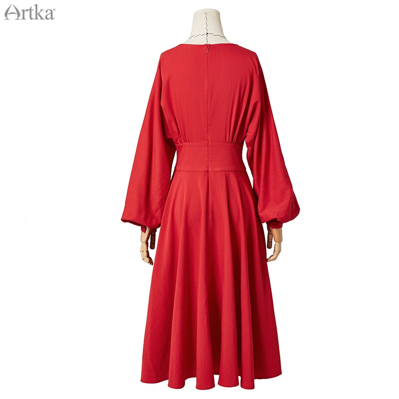 ARTKA Autumn Winter Women Dress Vintage Red V-Neck... – Grandado