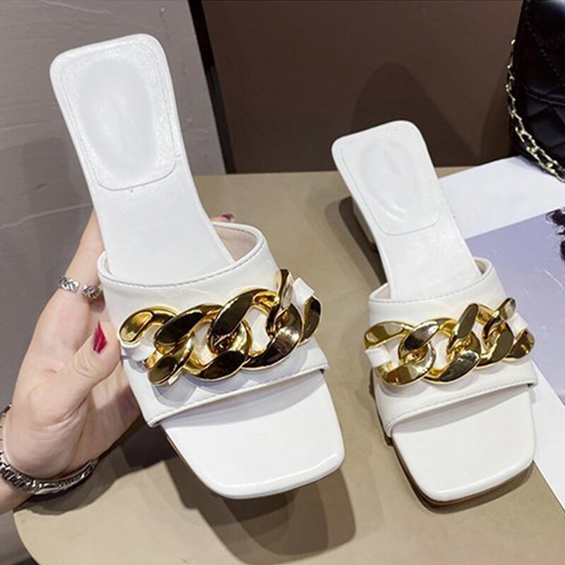 Summer Female PU Women's Slippers Metal Chain Deco... – Grandado