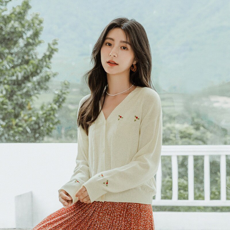 Inman efterår retro stil v-hals rose broderi singl... – Grandado