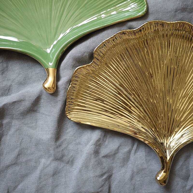 Nordisk guld gingko blad keramisk tallerken spises... – Grandado