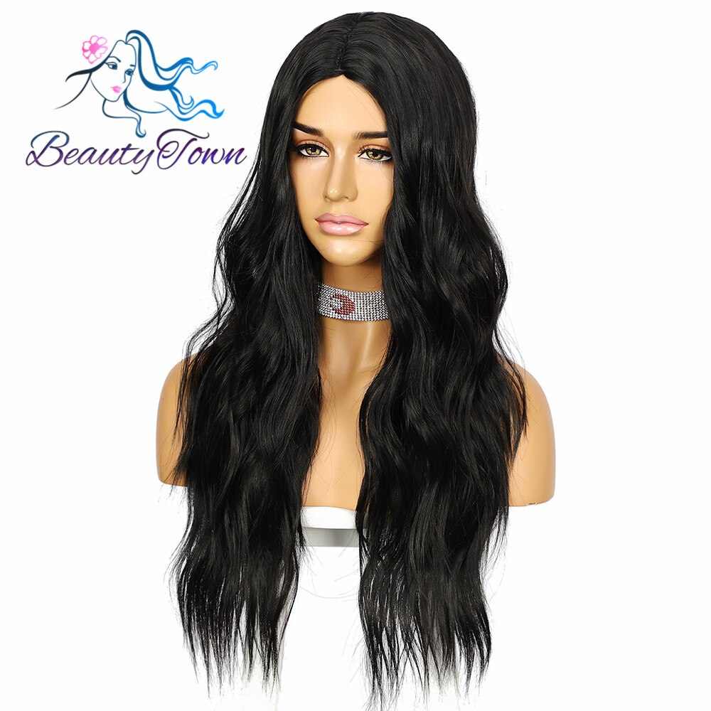 BeautyTown Simulated Scalp Long Wavy Black Wig Hig... – Grandado
