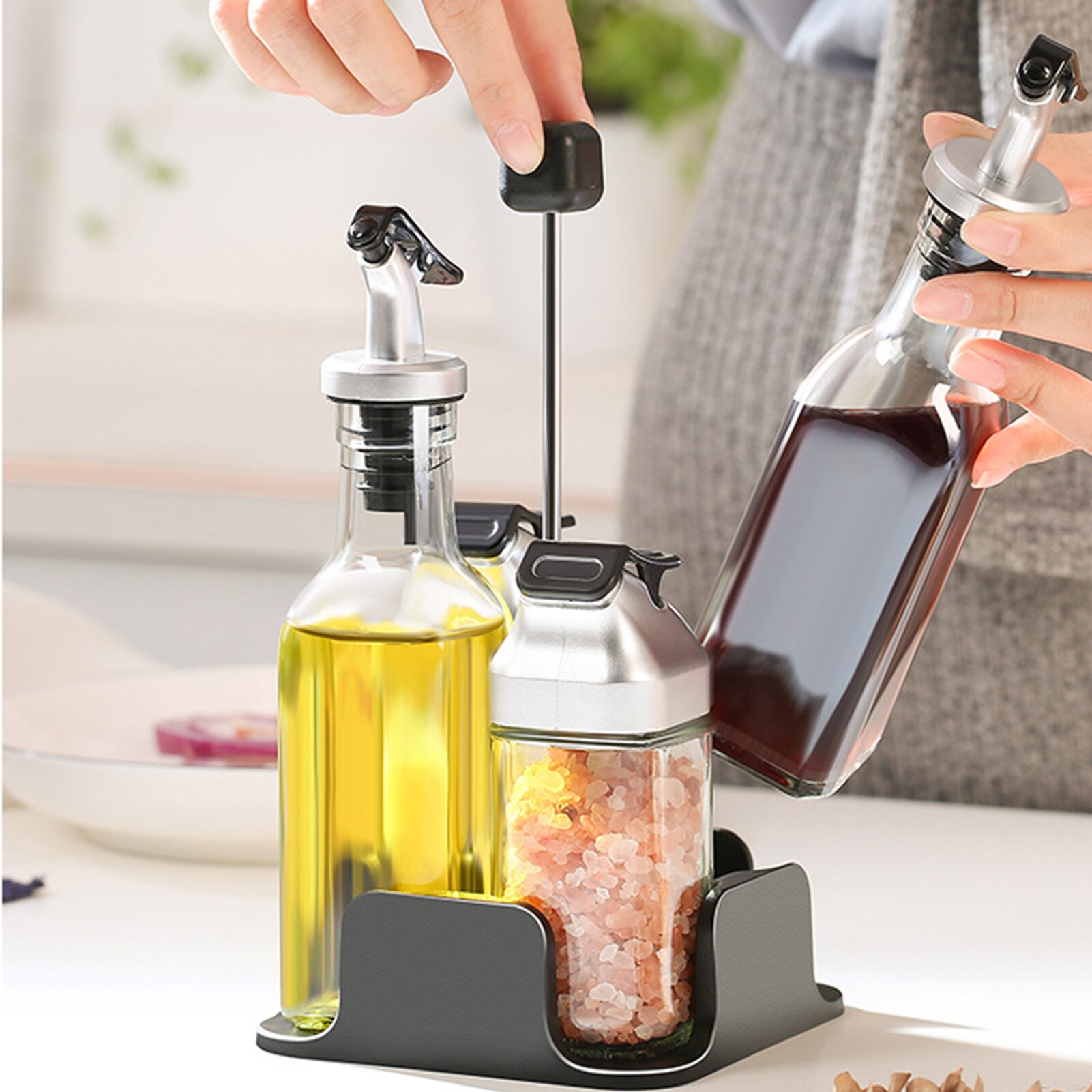 5Pcs Set Olie En Azijn Zout Peper Dispenser Set Me... – Vicedeal