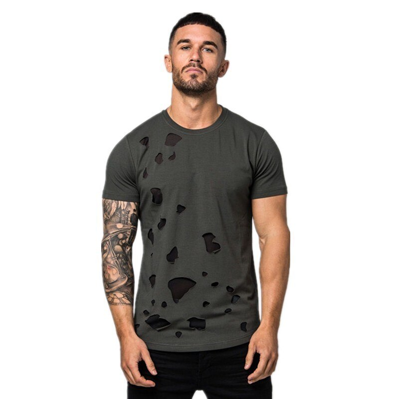 Moomphya Distressed ripped holes men t shirt Stree... – Vicedeal
