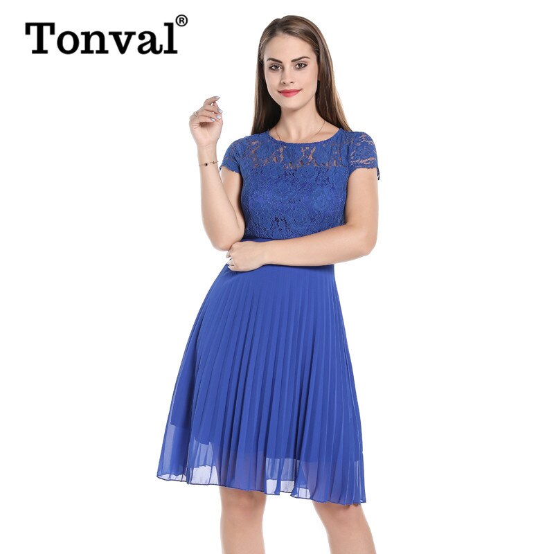 Tonval Blue Workwear Lace Dress Women Pleated Chif Vicedeal