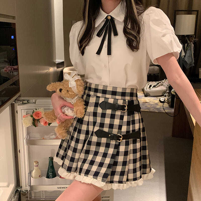 Houzhou Kawaii Plaid Skirt Women Korean High Waist Vicedeal