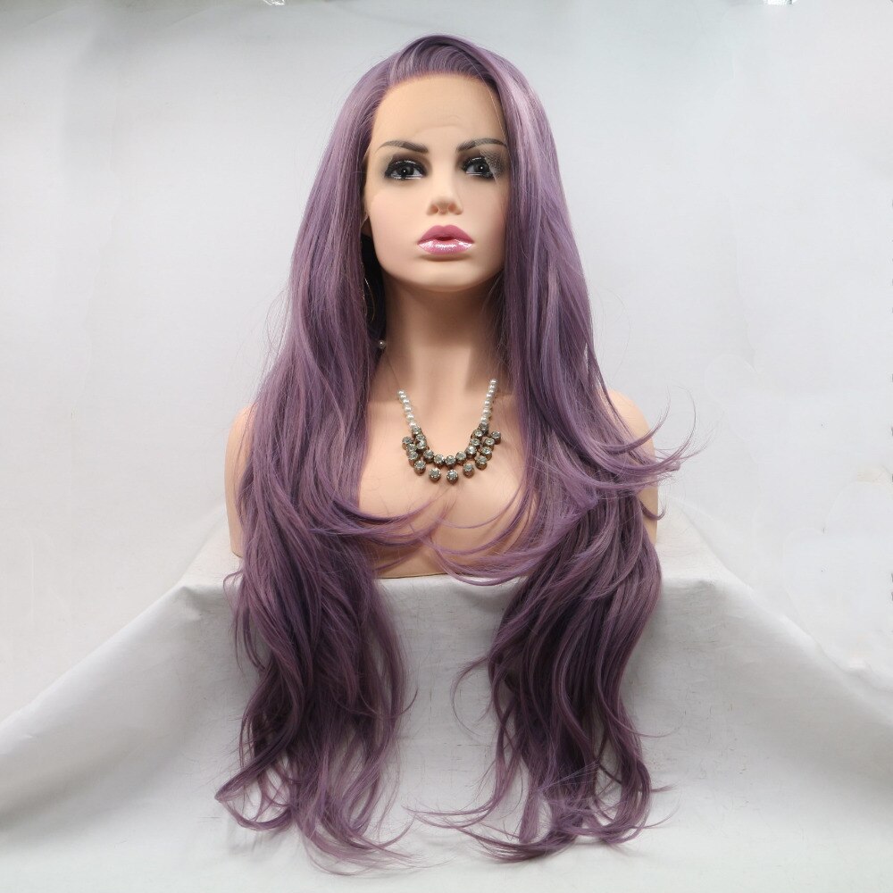 Long Body Wave Purple Lace Front Synthetic Wig For... – Grandado