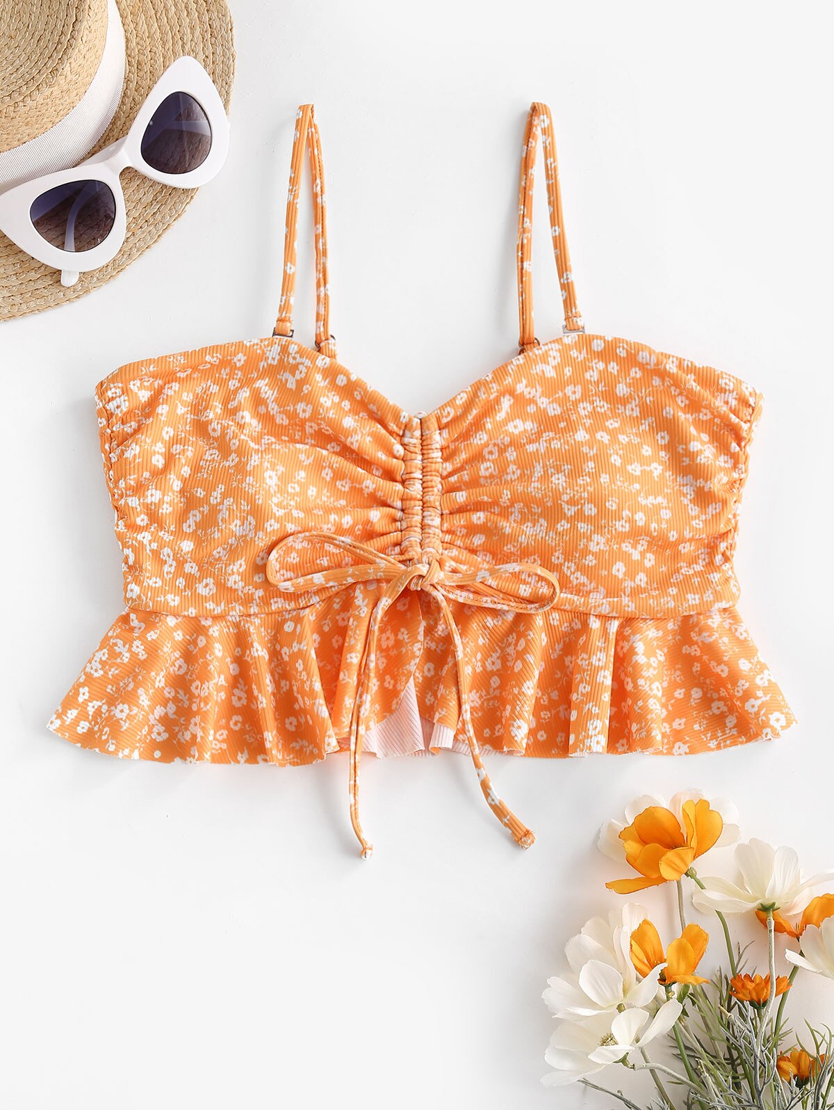 ZAFUL Tiny Floral Cinched Ribbed Peplum Swim Top 2... – Grandado