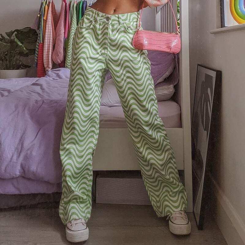 Hugcitar High Waist Wave Long Green Pants Summer W... – Vicedeal