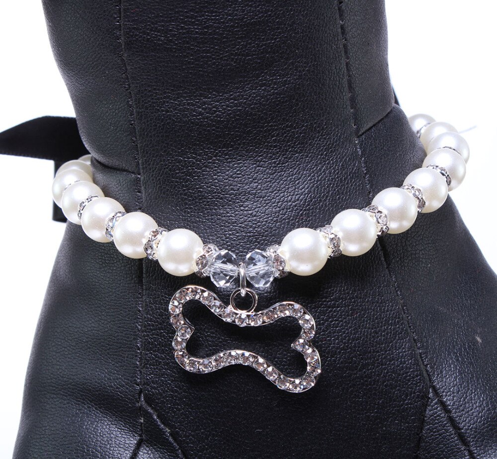 Pet Dog Pearls Necklace Collar Rhinestons Bone Cha... – Grandado