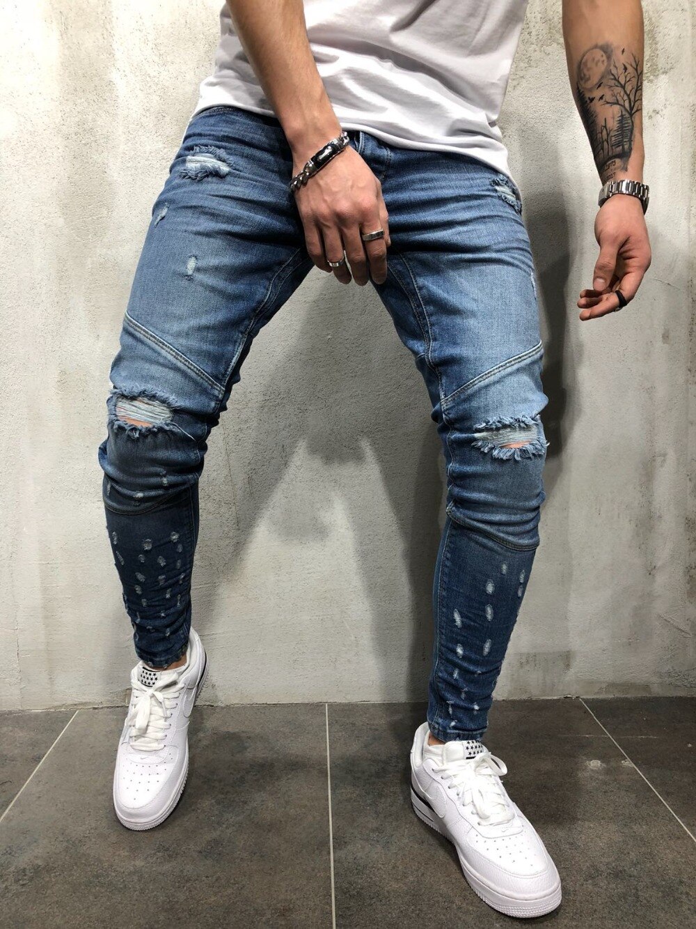 Streetwear hip hop men blue knee Ripped Skinny jea... – Vicedeal