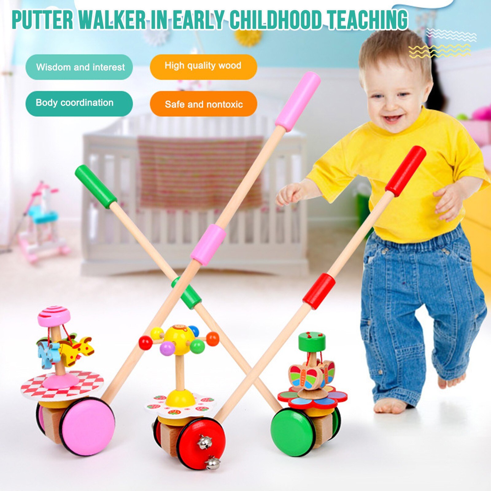 Wooden Push Pull Activity Walking Toy Toddlers 18 ... – Grandado