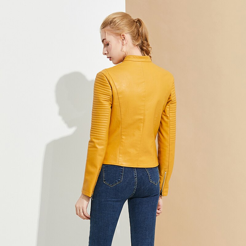 FTLZZ 2022 Spring Women Yellow Faux Leather Jacket... – Grandado