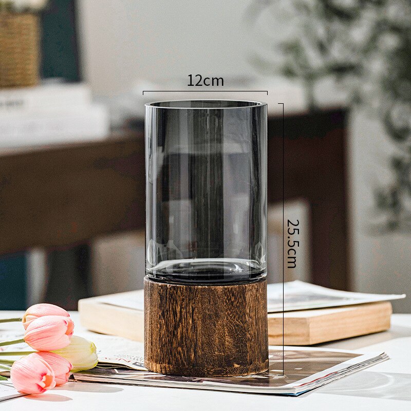 Florero con Base de madera, decoración de vidrio S... – Grandado