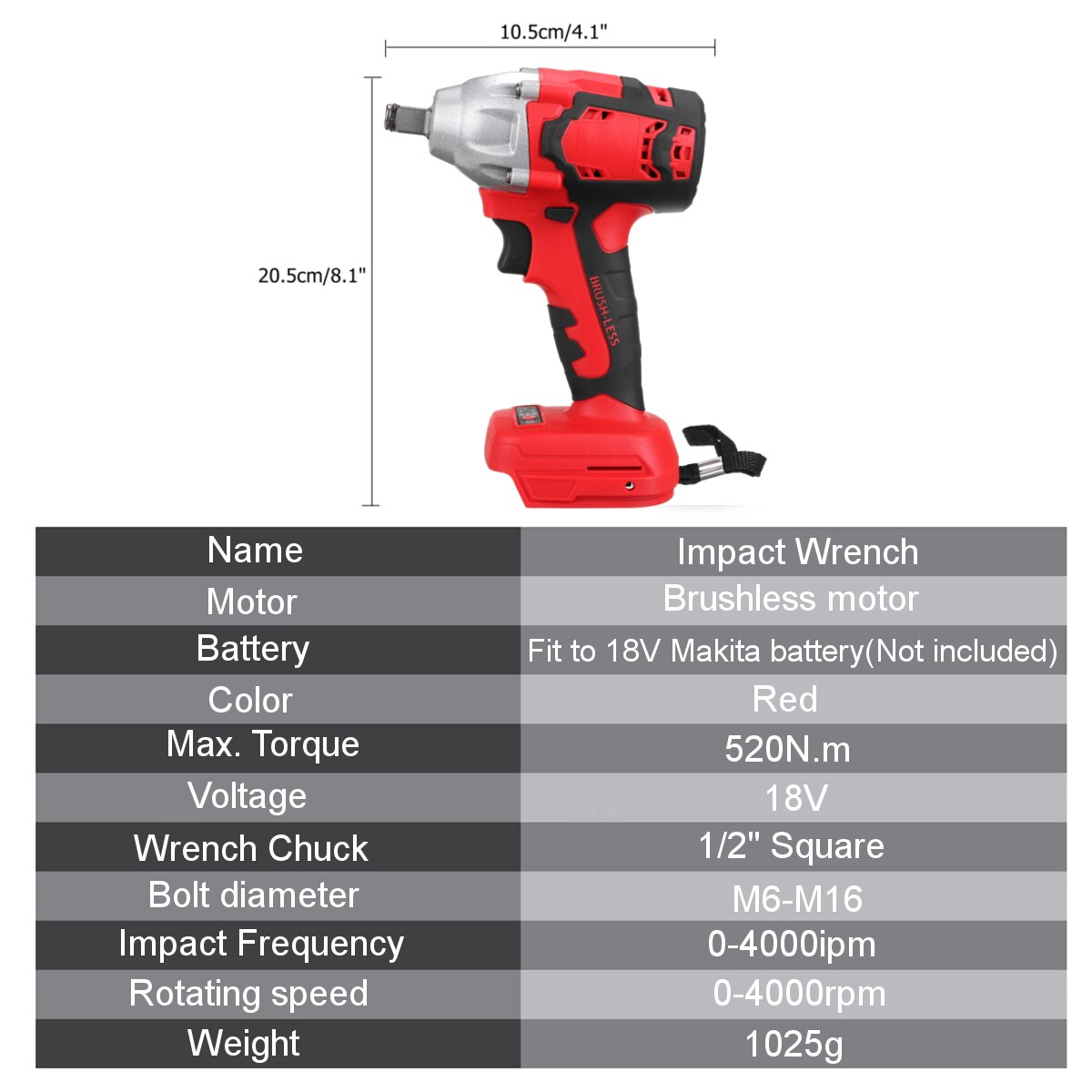 4000RMP 520N.m. Brushless Cordless Impact Wrench D... – Vicedeal