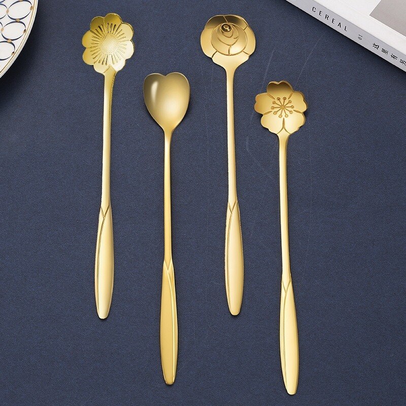 Flowers Gold Spoon Long Handle Dessert Tea Coffee ... – Vicedeal