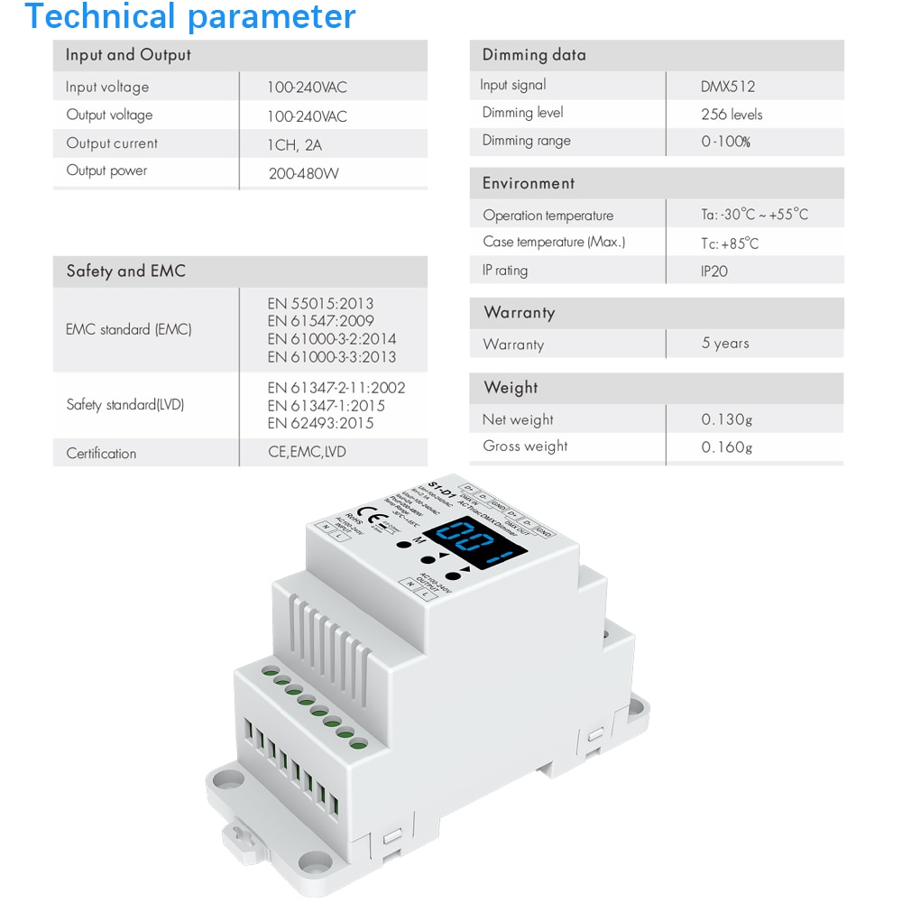 1CH*2A AC Phase-cut DMX Dimmer S1-D1 DIN rail AC10... – Vicedeal