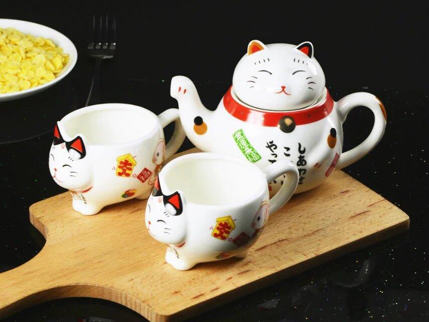 Cute Japanese-style lucky cat ceramic tea set luck... – Grandado