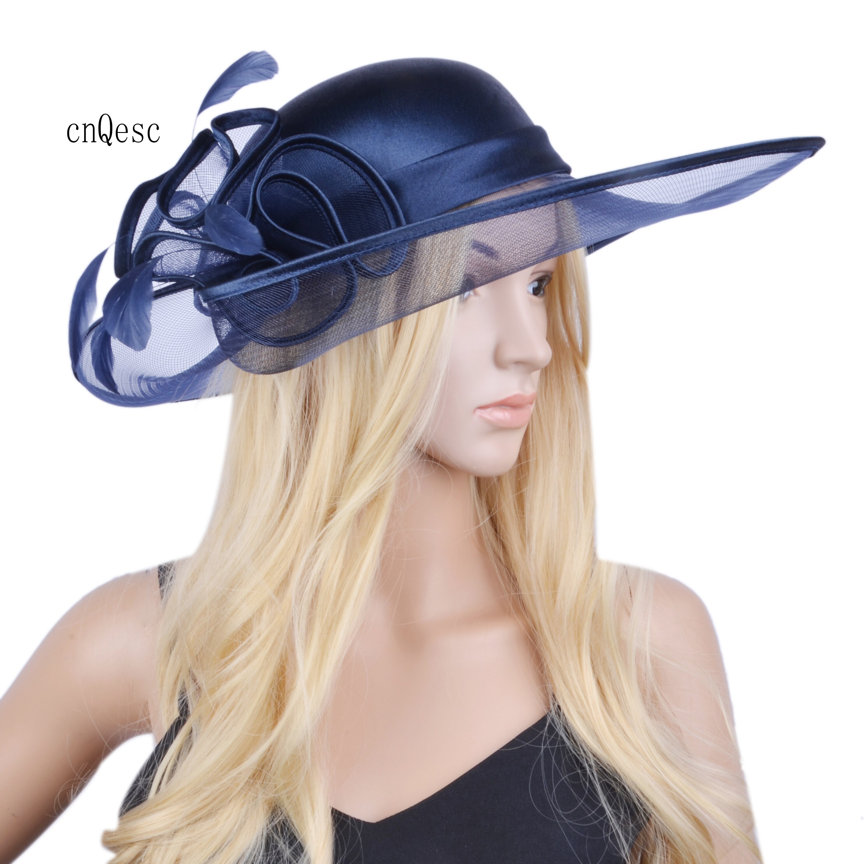 Navy Blue Large Crin Fascinator Satin Mini Hat For Grandado