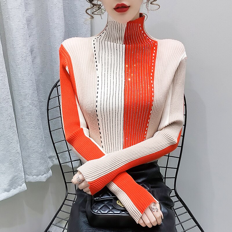 Diamonds Sweater Turtleneck Winter Slim Splicing B... – Vicedeal