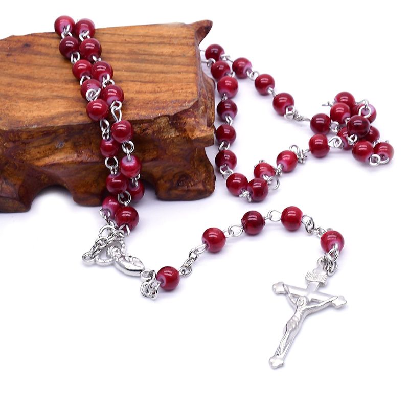 6mm Rosary Glass Beads Jesus Cross Pendant Necklac... – Grandado
