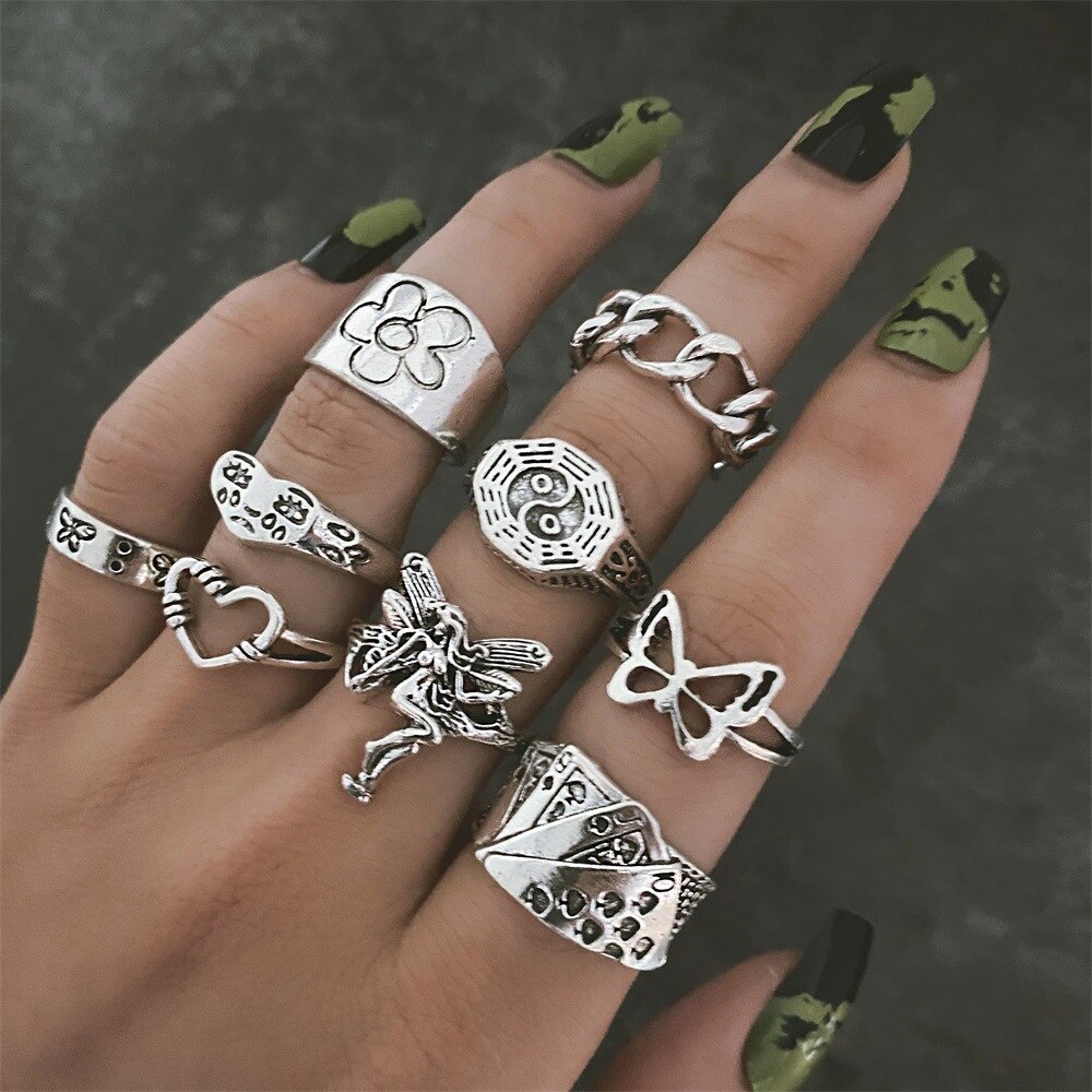 9Pcs Vintage Gothic Ring Set Exaggerated Hollowing... – Grandado
