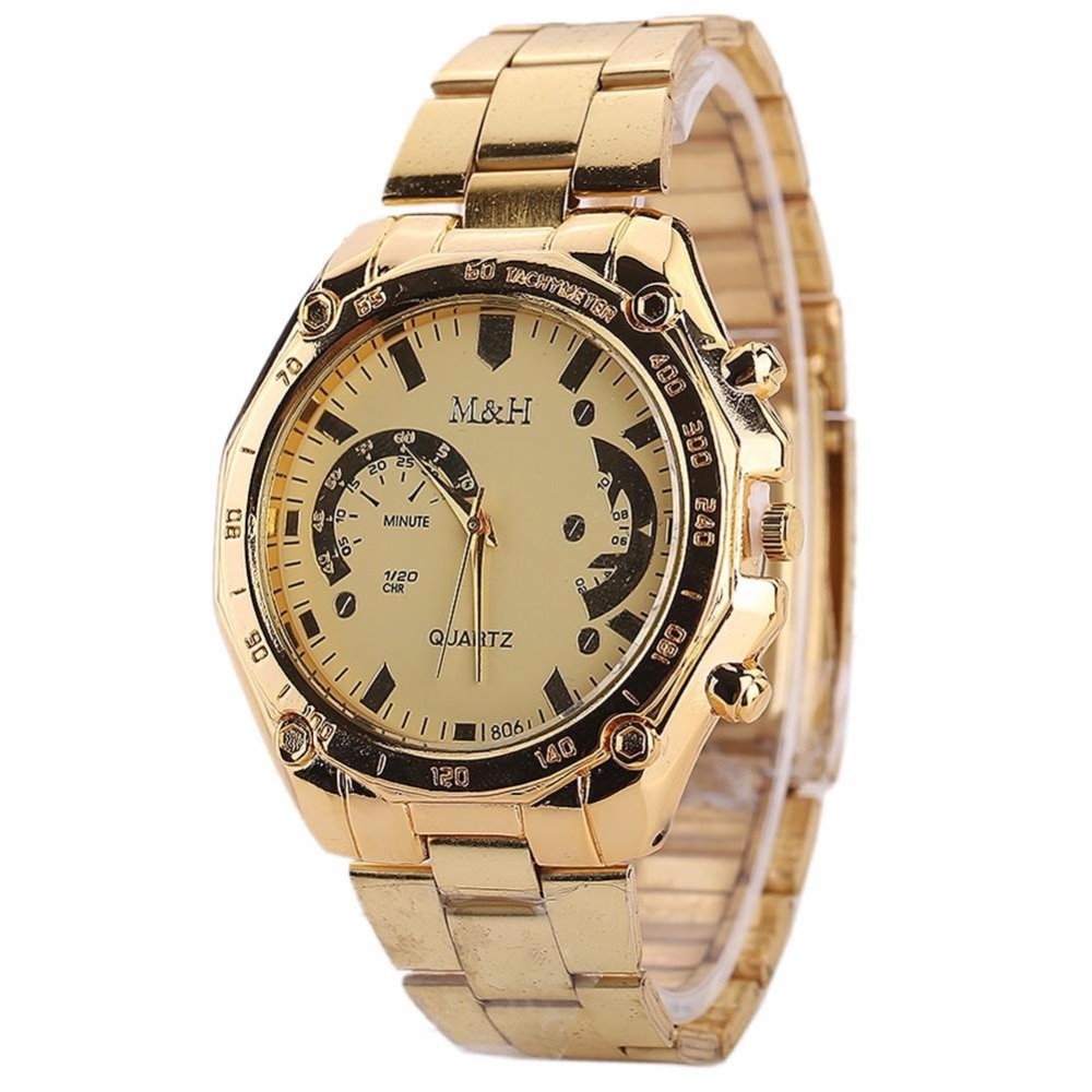 Men's Alloy Gold Band Qaurtz Watch Black Dial Anal... – Grandado
