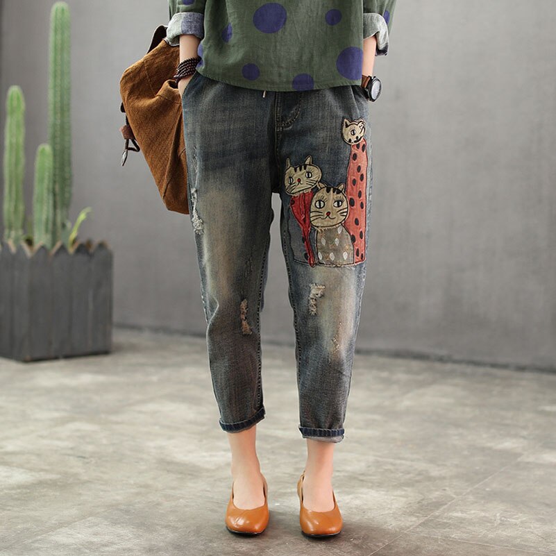 QPFJQD Cats Patchwork Ladies Jeans Animal Pattern ... – Grandado