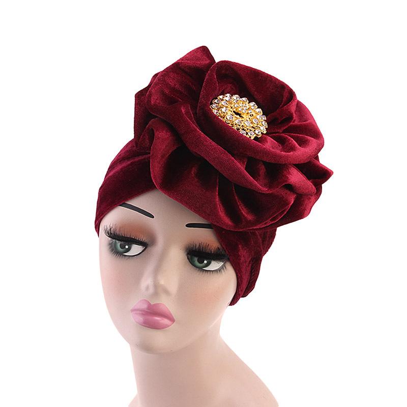 India Turban Bog Flower Velvet Hat Women Muslim Pl... – Grandado