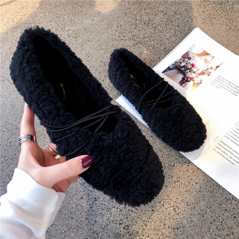 Lambswool furry ballerina ballet shoes women solid... – Grandado