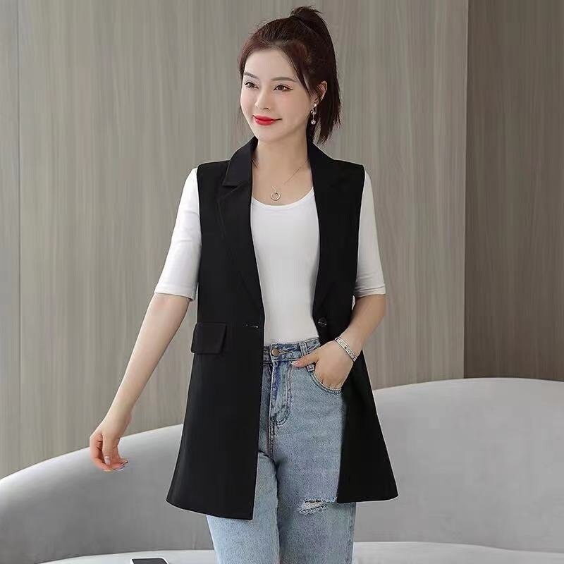 #0710 Black Beige Sleeveless Blazer Women Outerwea... – Grandado