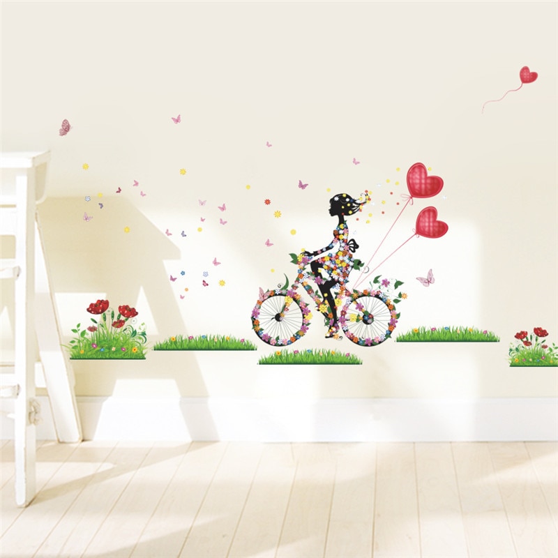 Mural Flower Fairy Girl Cycling Heart Wall Sticker... – Grandado