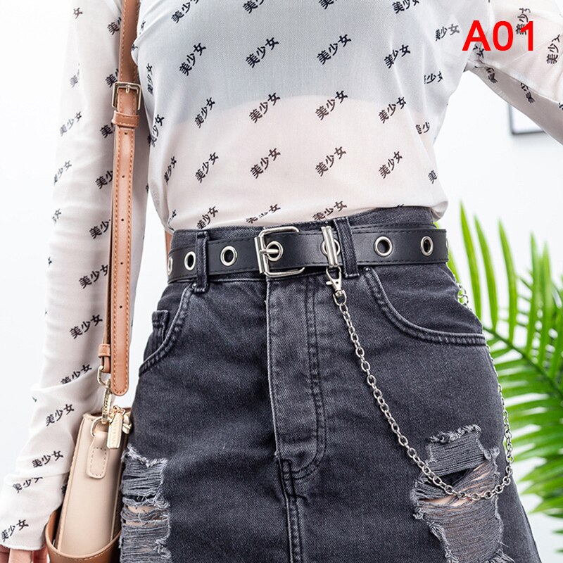 Women Punk Belt Pin Buckle Jeans With Eyelet Chain... – Grandado