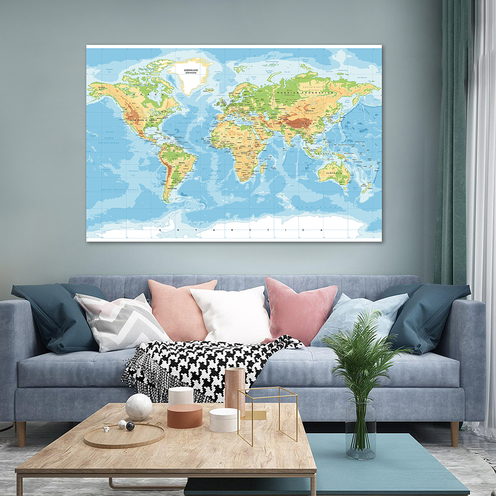 140*100cm Terrain Map of The World Non-woven Canva... – Grandado