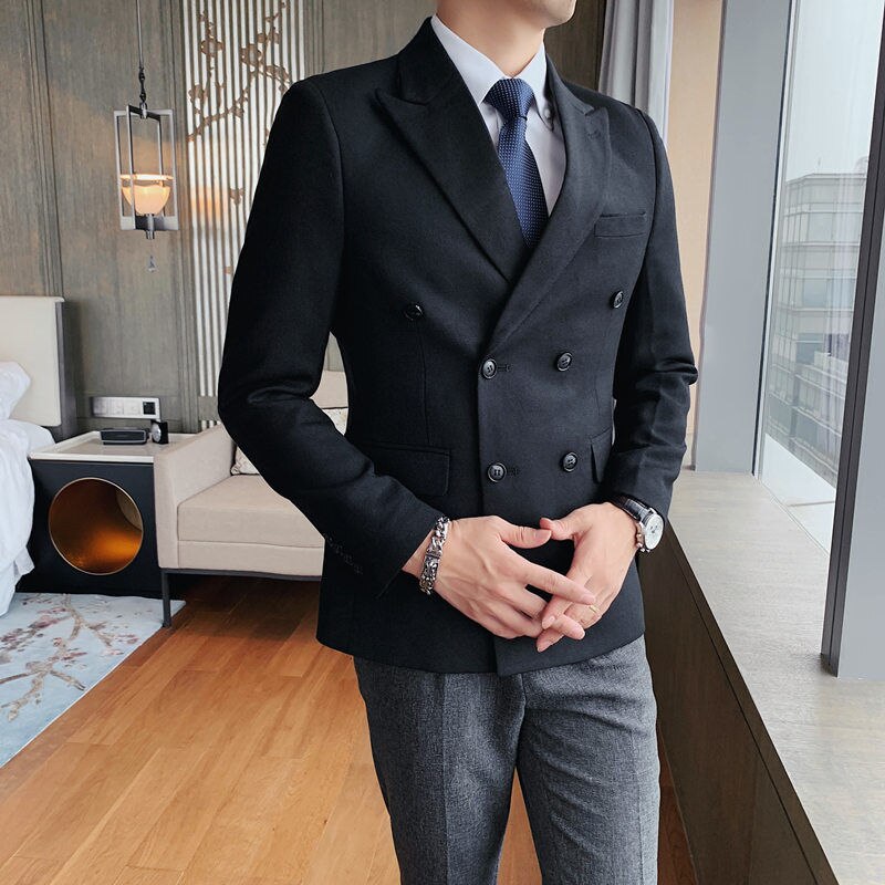 Grijs Zwart Tweed Blazer Mannen Double Breasted Sl... – Vicedeal