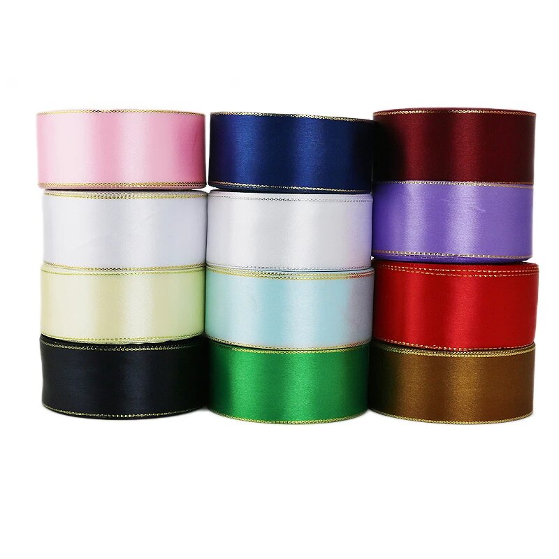 (25 Yards/lot) 38mm Colour Satin Ribbon Gold Edge ... – Vicedeal