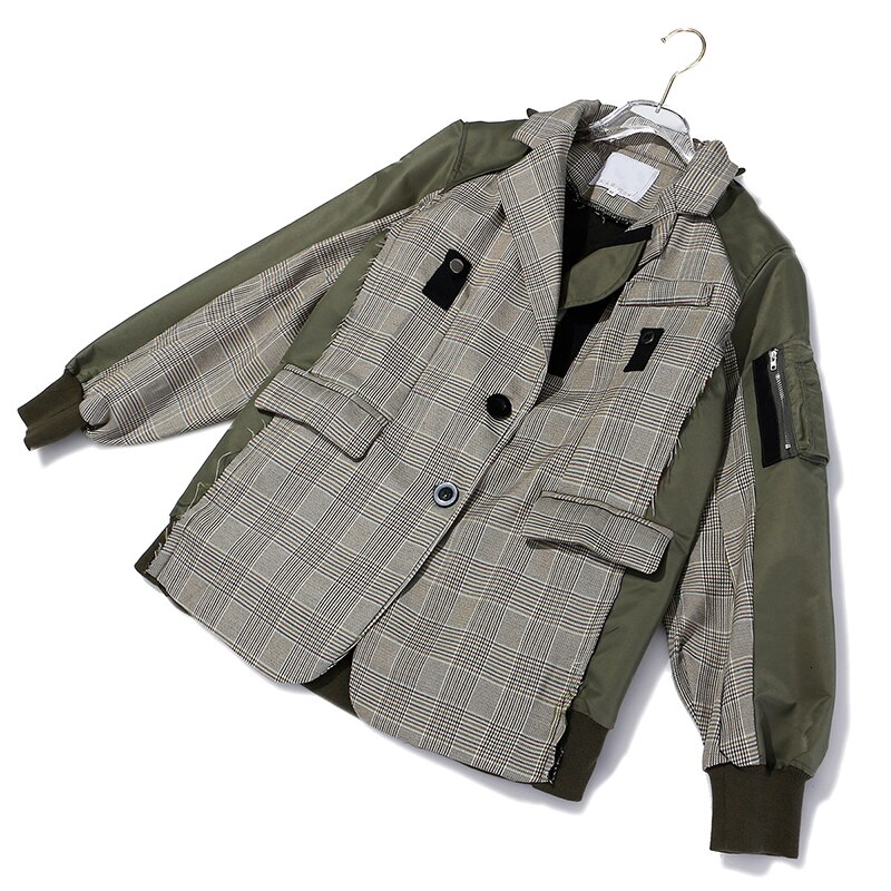 [EAM] Loose Fit Army Green Plaid Stitch Big Size J... – Grandado