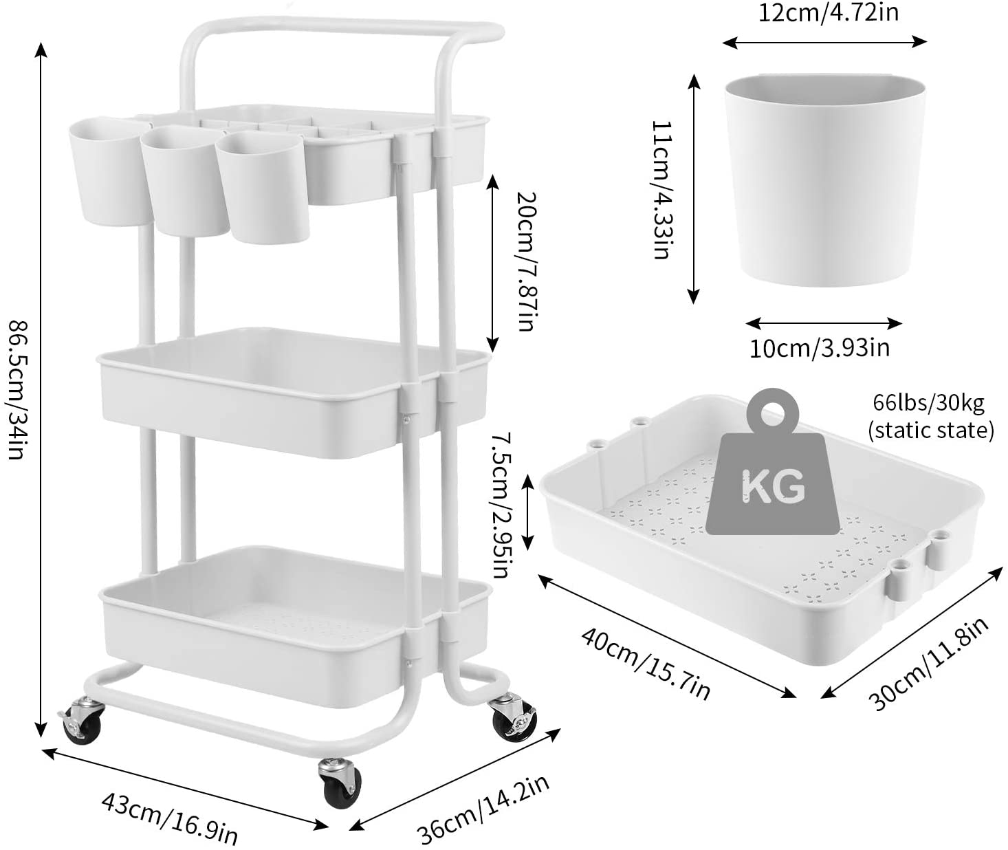 3-Tier Rolling Cart, Storage Trolley on Wheels, AB... – Vicedeal