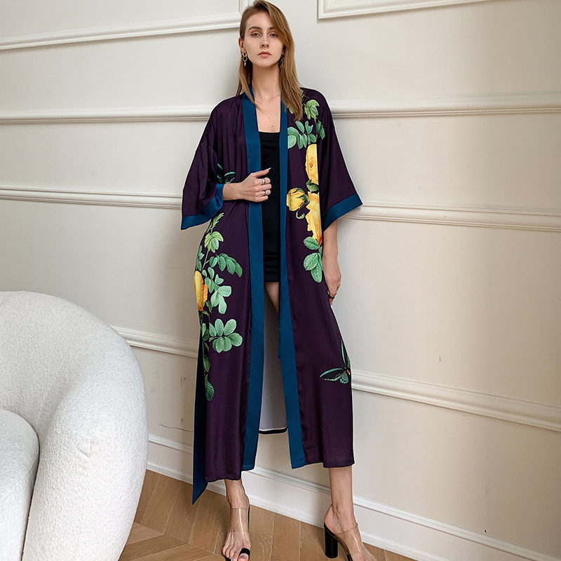 Female Long Robe Nightgown Print Crane Kimono Bath... – Grandado