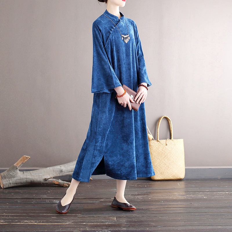 Frauen Cord Vintage Robe Kleider Flare Hülse Stehe... – Grandado