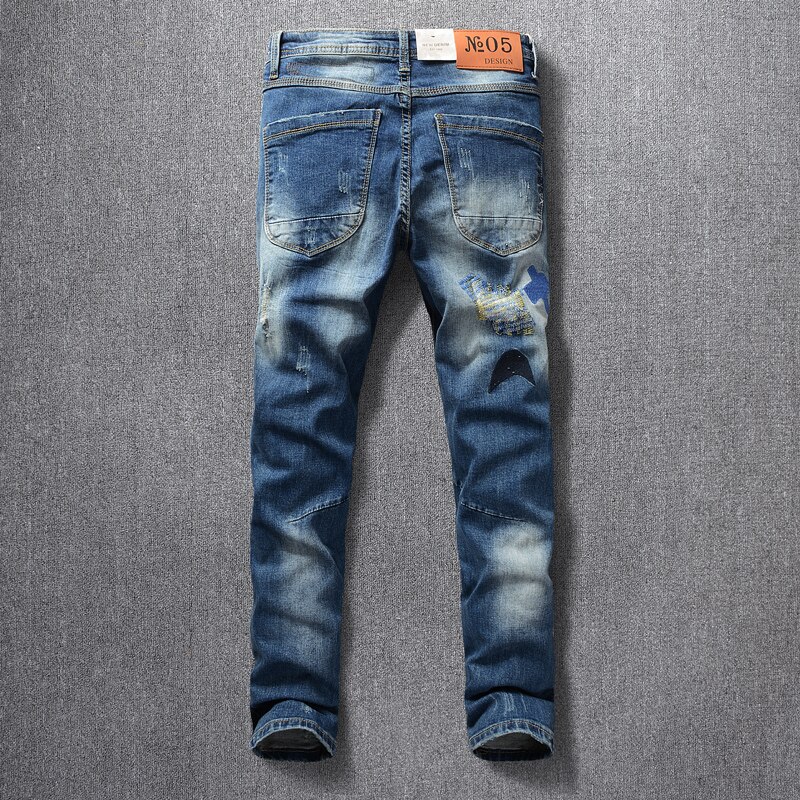 Streetwear Men Jeans Embroidery Patches Slim Fit R... – Grandado
