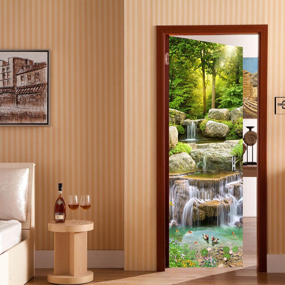 PVC Waterproof 3D Waterfall Bamboo Forest Photo Do... – Grandado
