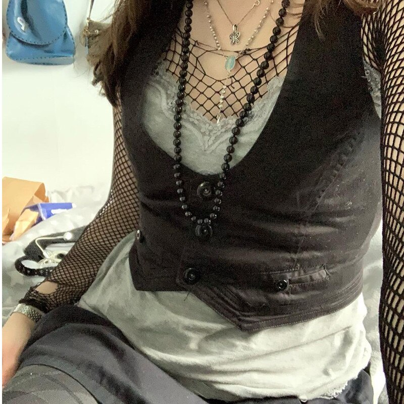 Gothic Y2k Vintage Black Jacket Vest Women Aesthet... – Grandado