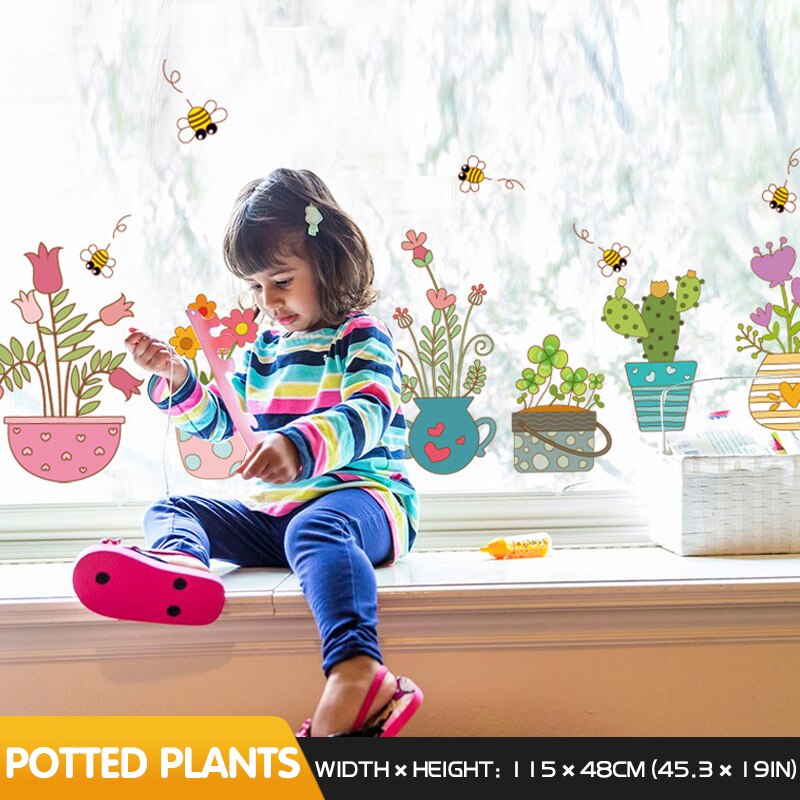 stick figure flower pots wall sticker glass window... – Grandado