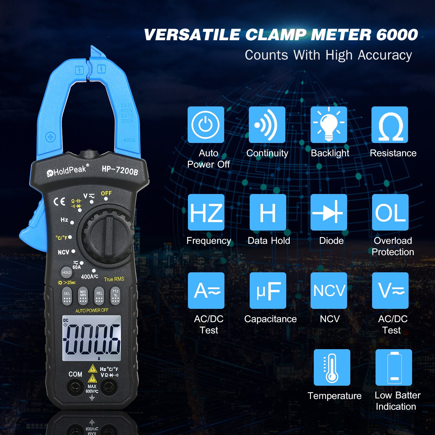 Holdpeak ncv clamp meter 6000 counts digital multi... – Grandado