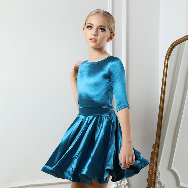 Girls Latin Dance Dress Blue Short Sleeve Practice... – Grandado