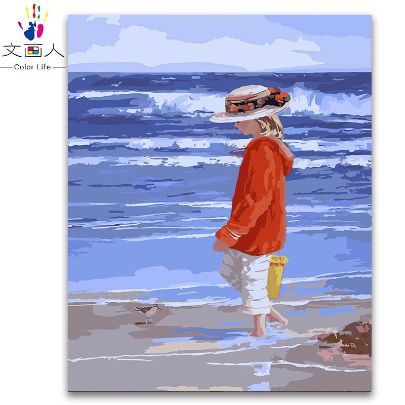 diy figure seascape painting two girls catch fish ... – Vicedeal