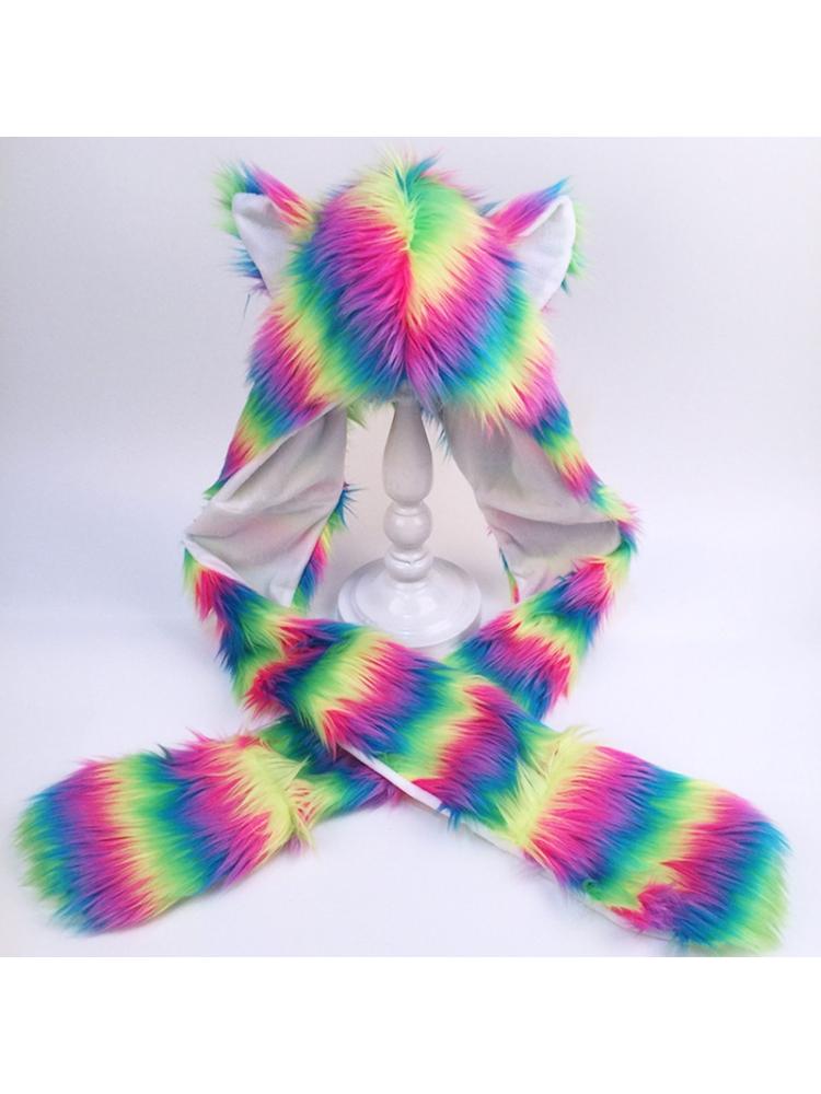 83XC Women Rainbow Stripes Furry Animal Hoodie Hat... – Grandado